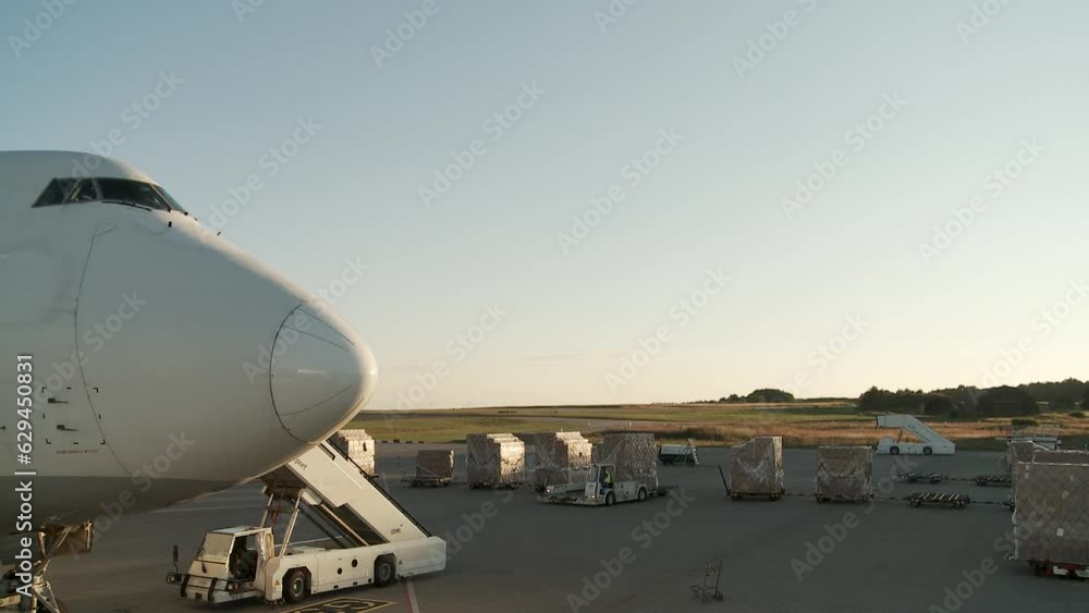 Close-up airplane nose with cockpit window in sunrise, cargo container ...