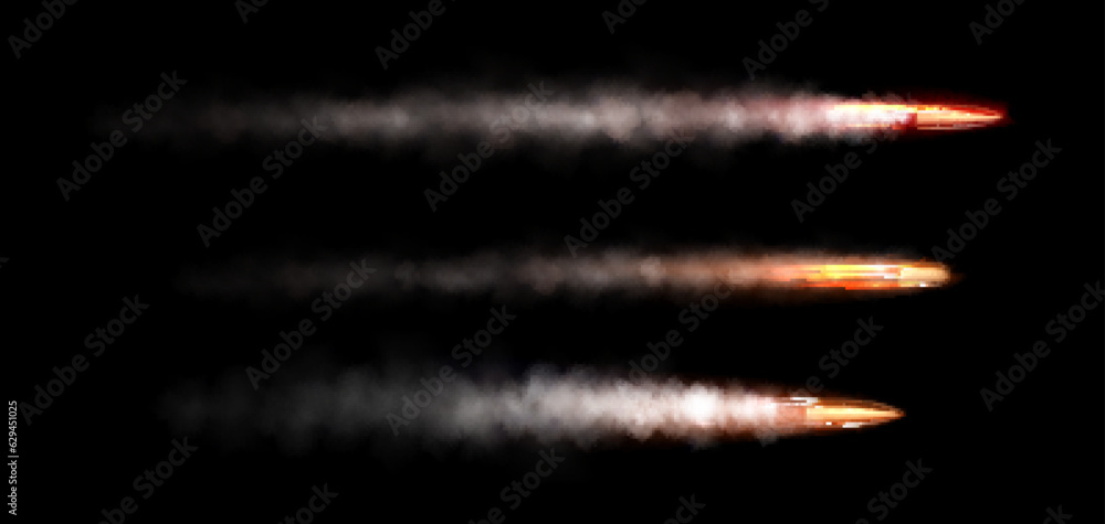 Flying gun bullet with fire smoke trail vector. Speed motion shot trace ...