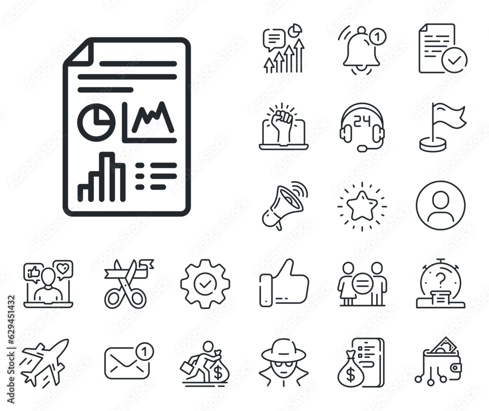 Column Graph Sign Salaryman Gender Equality And Alert Bell Outline Icons Report Document Line