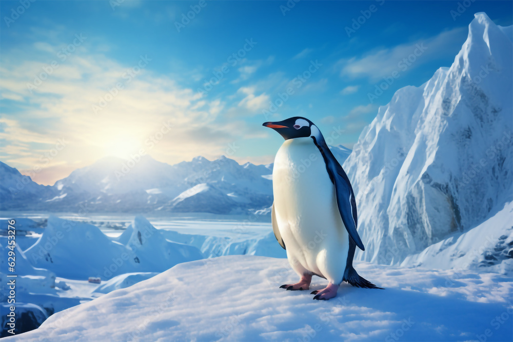 penguin in the snow with mountains in the background ai generative ...
