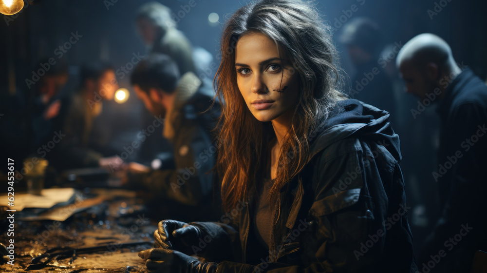 Crime scene. Police female forensics solving a recent case of homicide ...