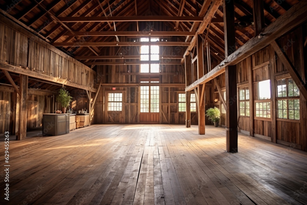 Fotografía restored barn interior with exposed wooden beams, primopiano | Posters.es