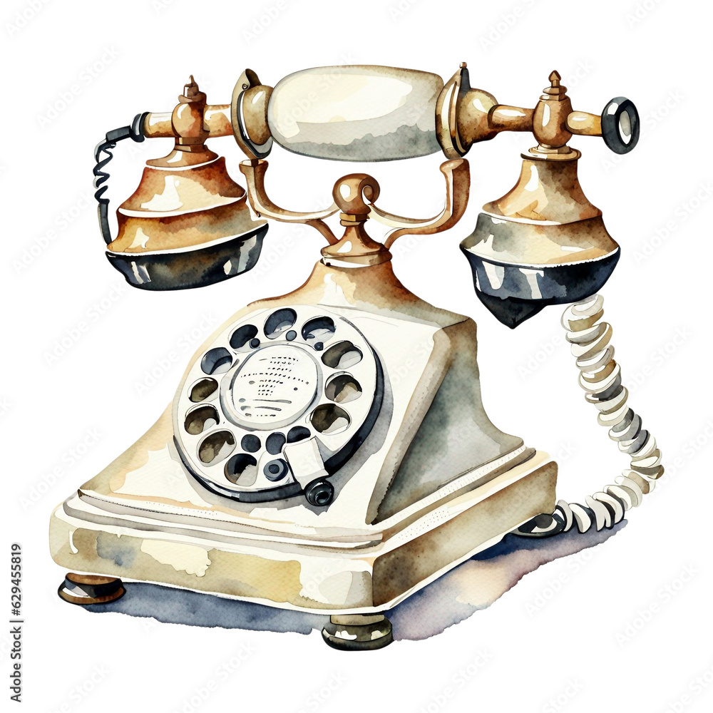 White Retro Telephone, PNG Clipart Image, Vintage Painted Watercolor ...