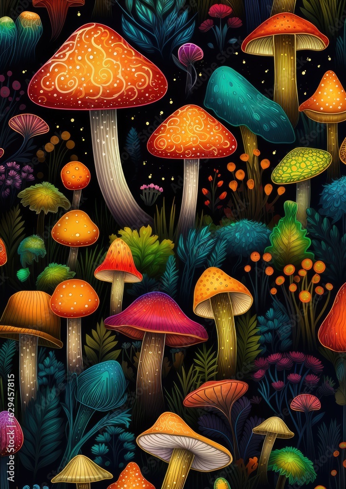 Magic mushroom pattern in fairy tale woods, nature wallpaper ...