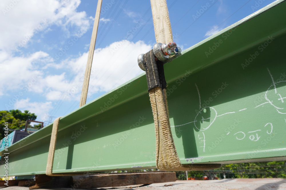 Shackles and webbing slings set connecting to lift up steel structure ...