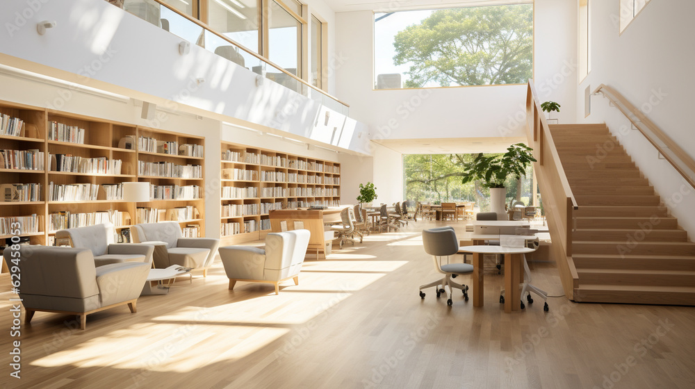 A contemporary library with minimalist design, open spaces, and natural ...