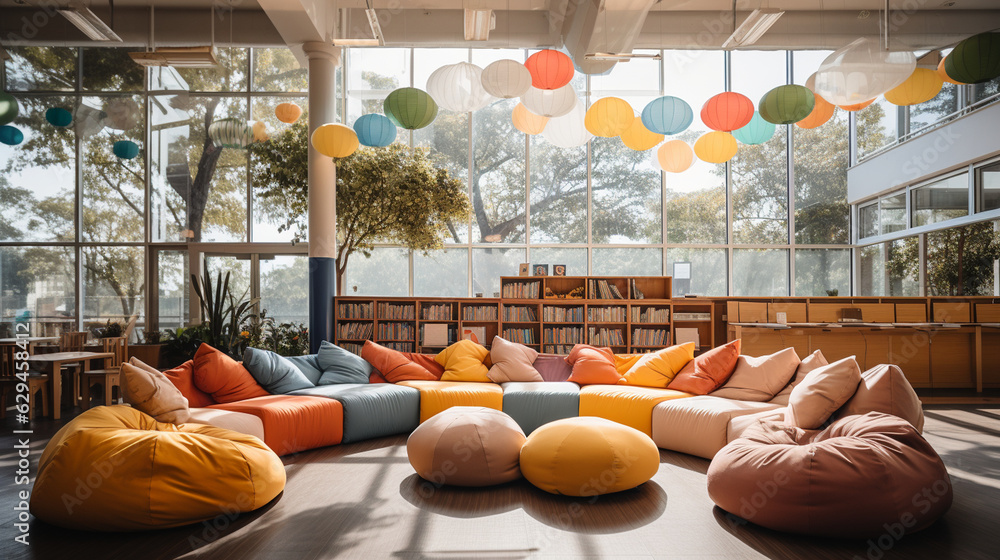 A library with floor cushions, bean bags, and hammocks, offering unique ...