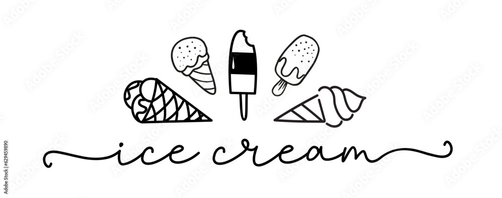 Ice cream logo with icons. Typography, black letters isolated on white ...