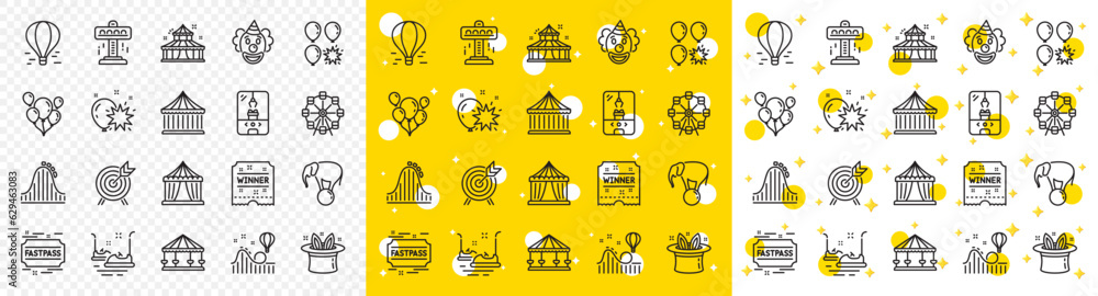 Set of Carousel, Roller coaster and Circus icons. Amusement park line ...