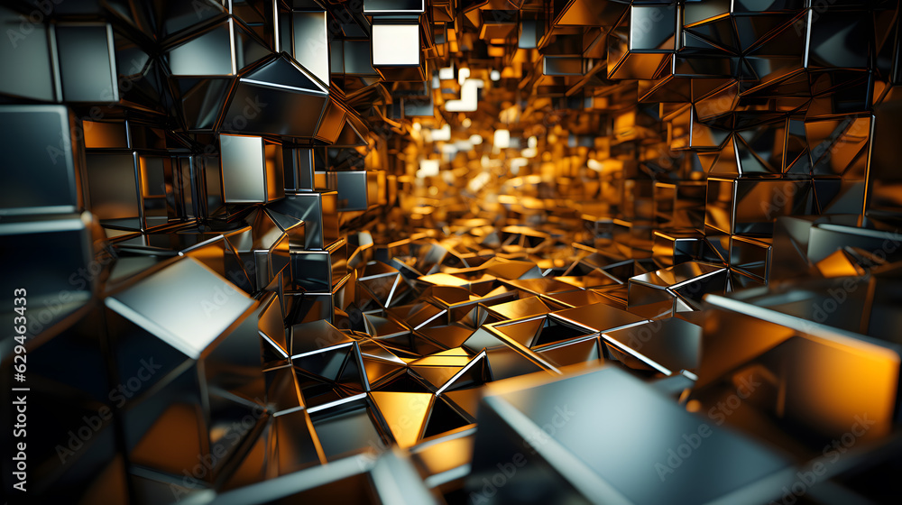 Golden Metal Cubes in Dark Tunnel with Cubist Fragmentation and Angular ...