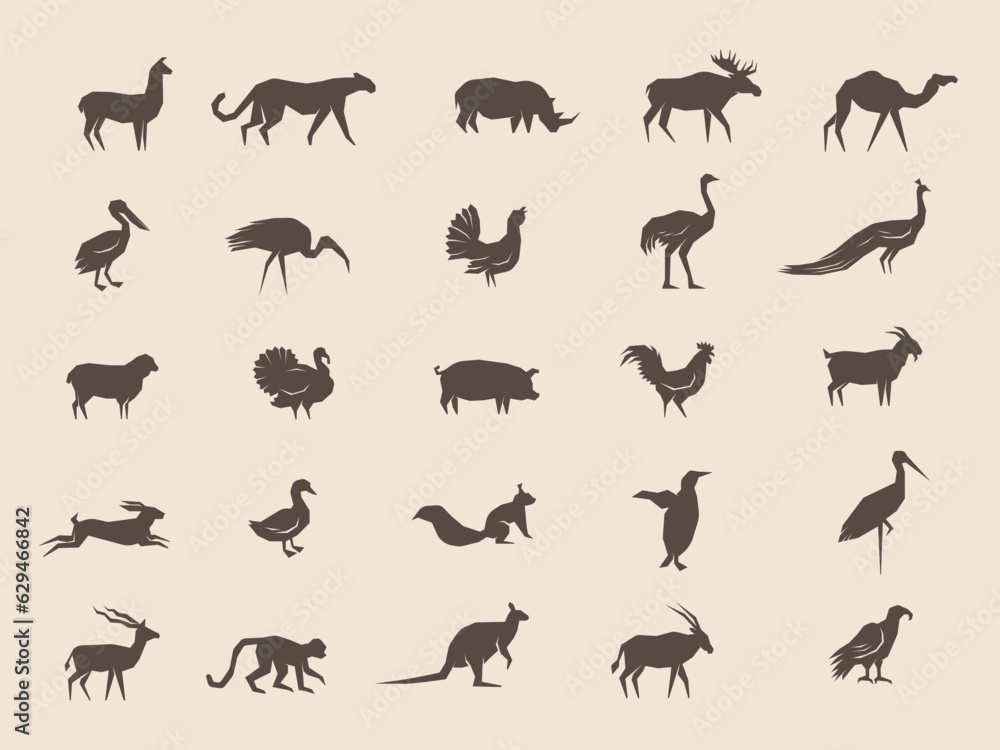 Animals silhouettes. Domestic and wild different stylized shapes of ...