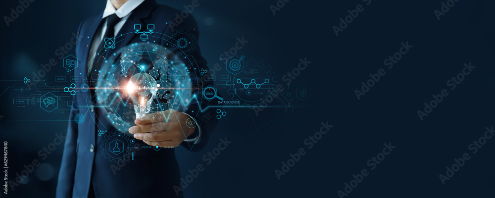 Data science. Man hold light bulb of innovative. business analytics (BA ...