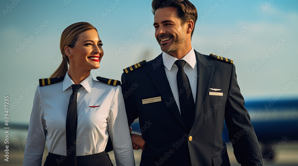 Pilot and Stewardess Walking to the Plane at the Airport Stock Photo ...