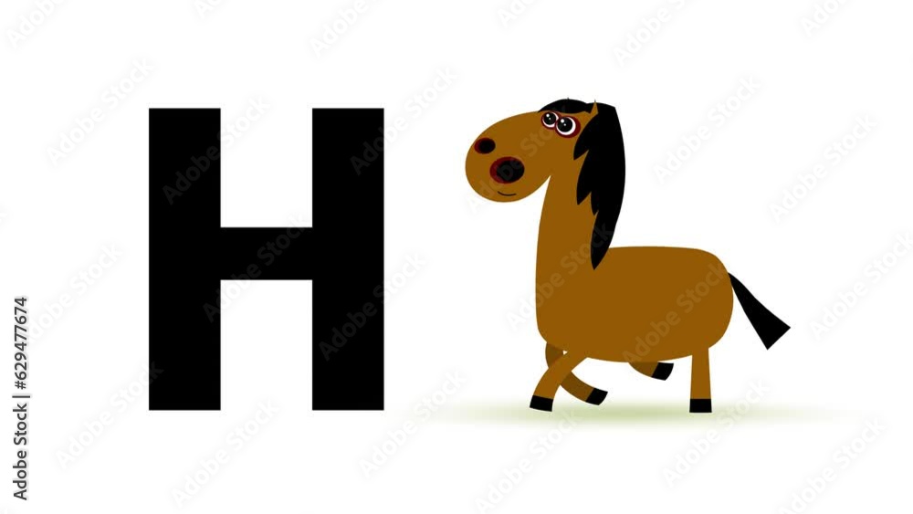 H letter big black like horse cartoon animation. Animal loop ...
