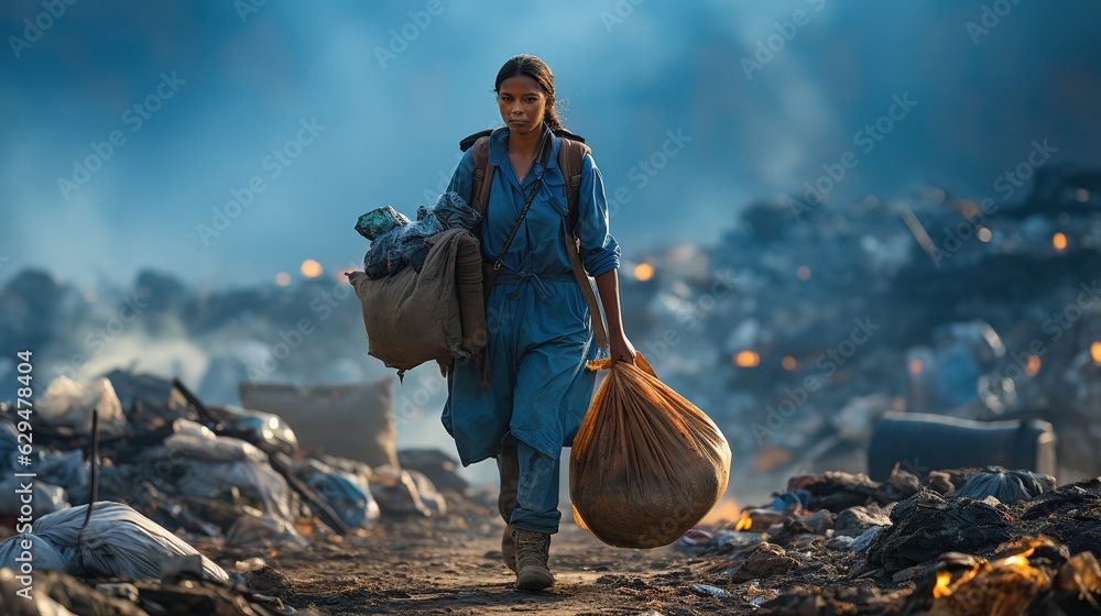 Garbage collector woman carries a big blue plastic bag in a landfill ...
