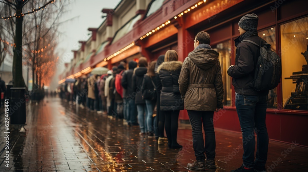 People queue up waiting for stores to open for shopping. Sale and ...