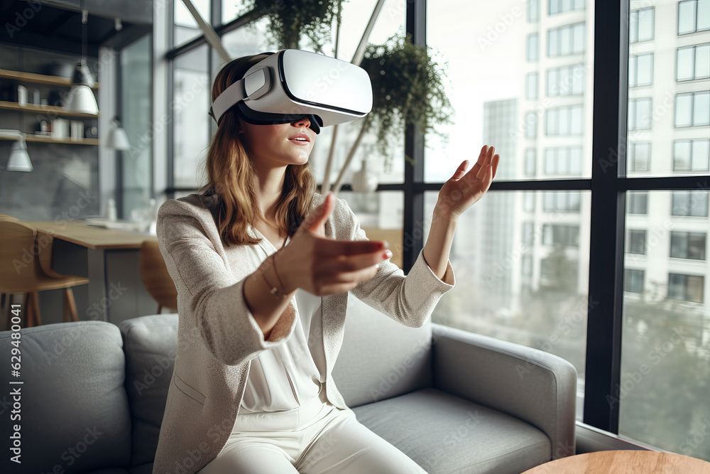 Amazed woman, wearing VR glasses, enjoys the immersive virtual reality ...