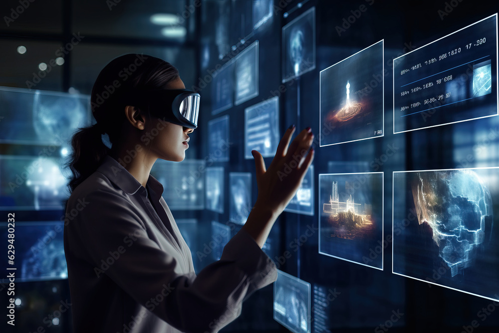 Foto de Female scientist in dark office at night wearing virtual ...