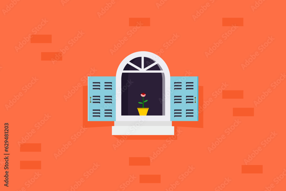A opened classic arched window with flower on red brick wall. Cartoon ...