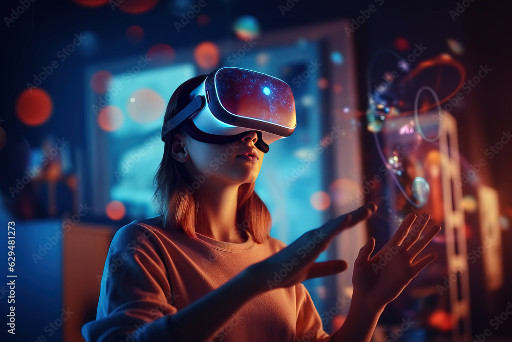 Young woman at home wearing a VR goggles with AR capabilities, diving ...