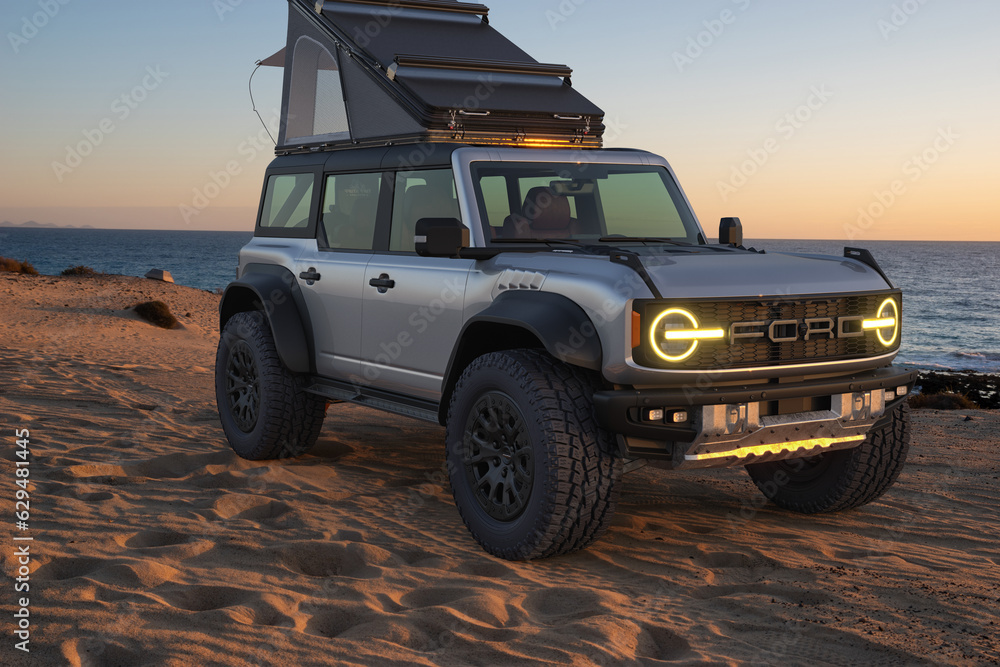 Ford Bronco Raptor in wild terrain, equipped with expedition gear and a ...