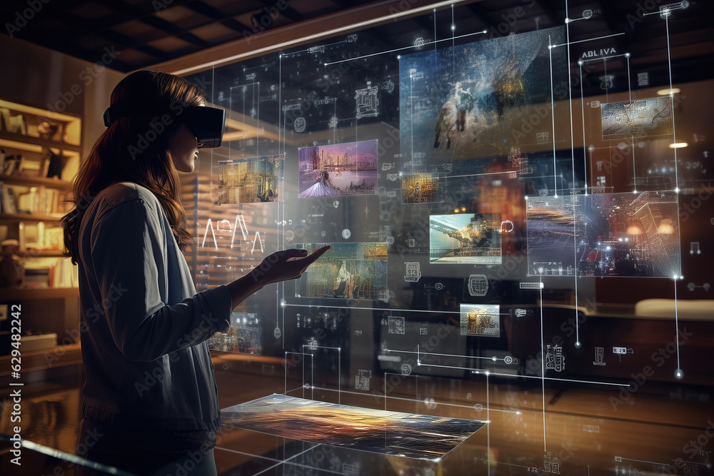 Woman in her home at night using virtual reality goggles and gestures ...