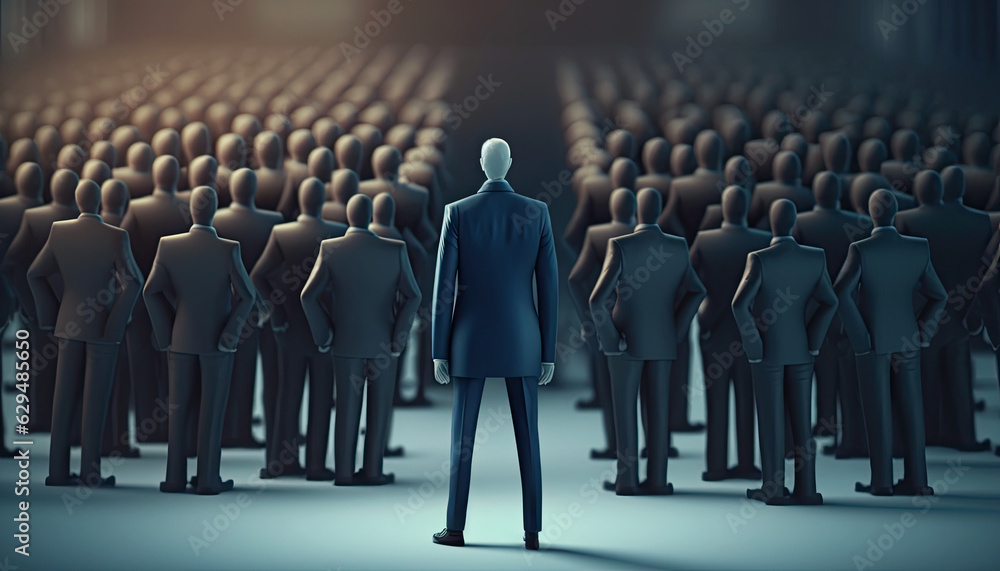 Back view, Imperious man in suit stands proudly in front of crowd of ...