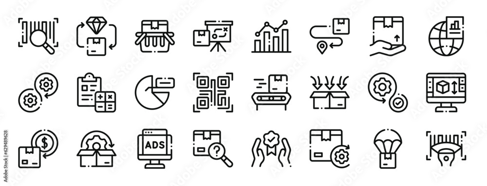 set of 24 outline web product management icons such as barcode ...