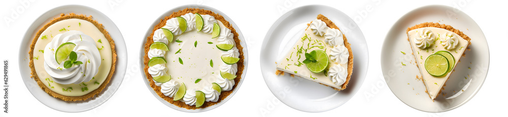 Key lime pie on white plate, top view with transparent background ...