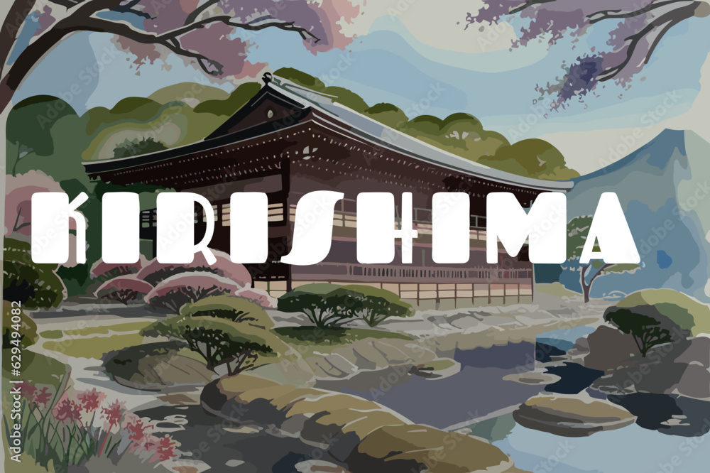 Kirishima: Painting of a Japanese villa with the name Kirishima in ...