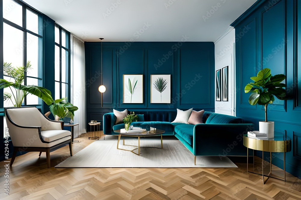 Luxury and modern home interior with design green sofa, navy commode ...