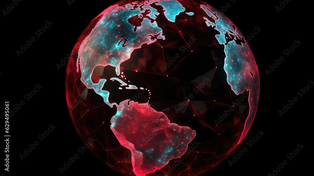 3d World map network connection glowing polygonal triangle neon lines ...