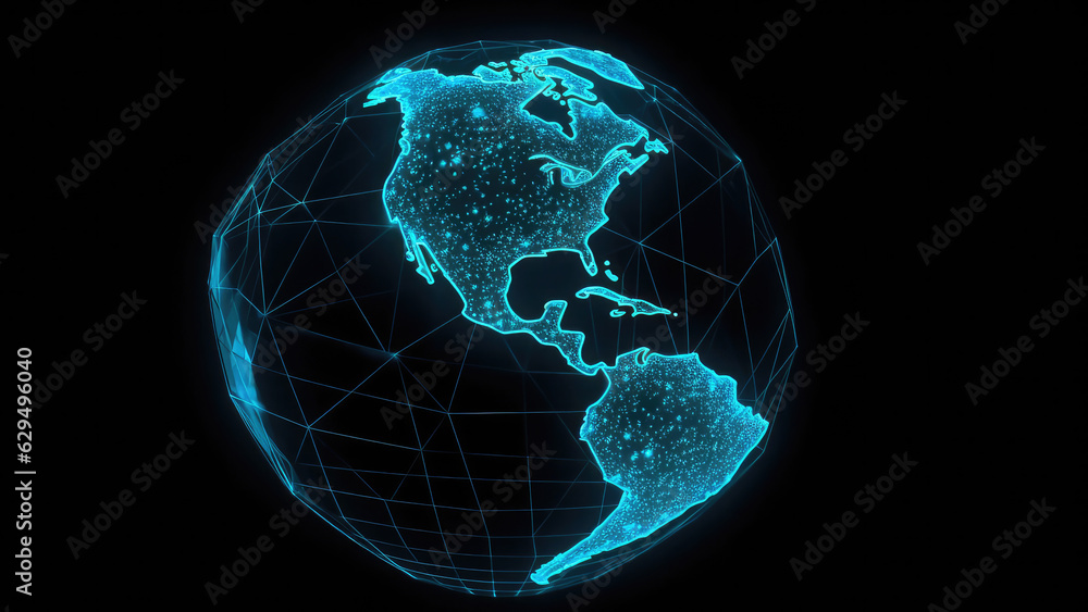 3d World map network connection glowing polygonal triangle neon lines ...