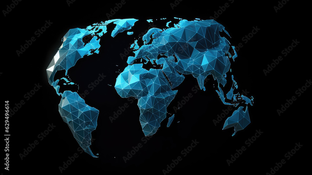 3d World map network connection glowing polygonal triangle neon lines ...