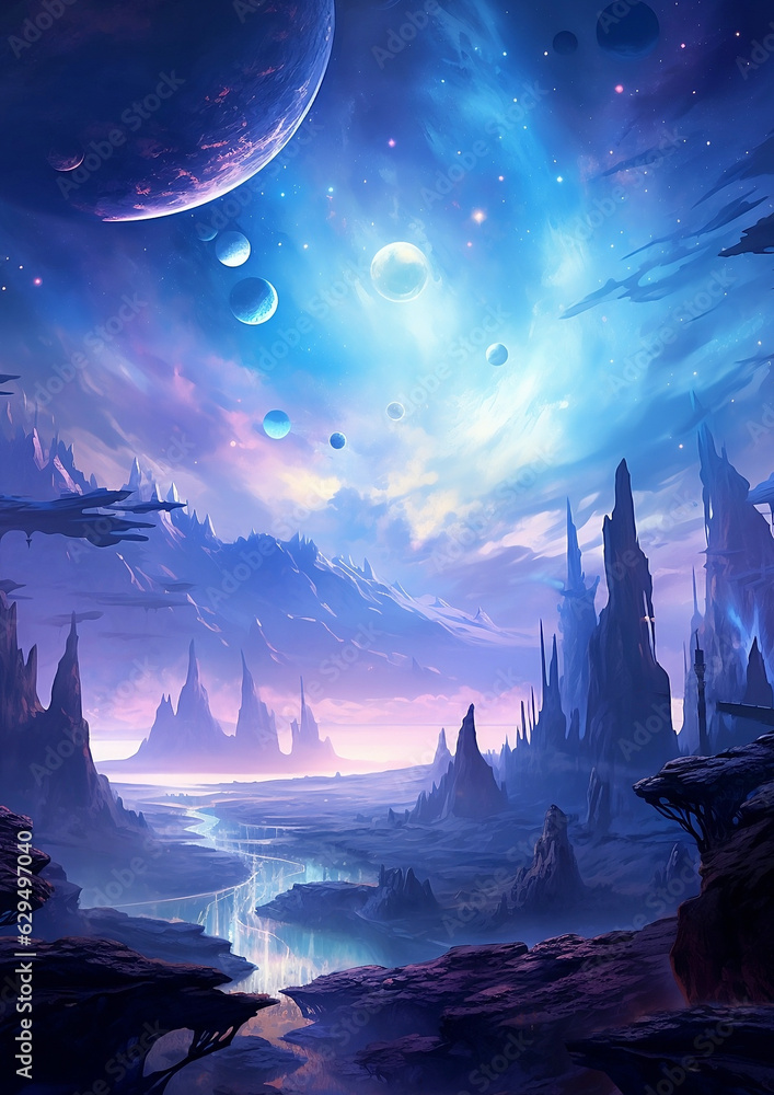 Alien planet in space background with moons and stars Stock ...