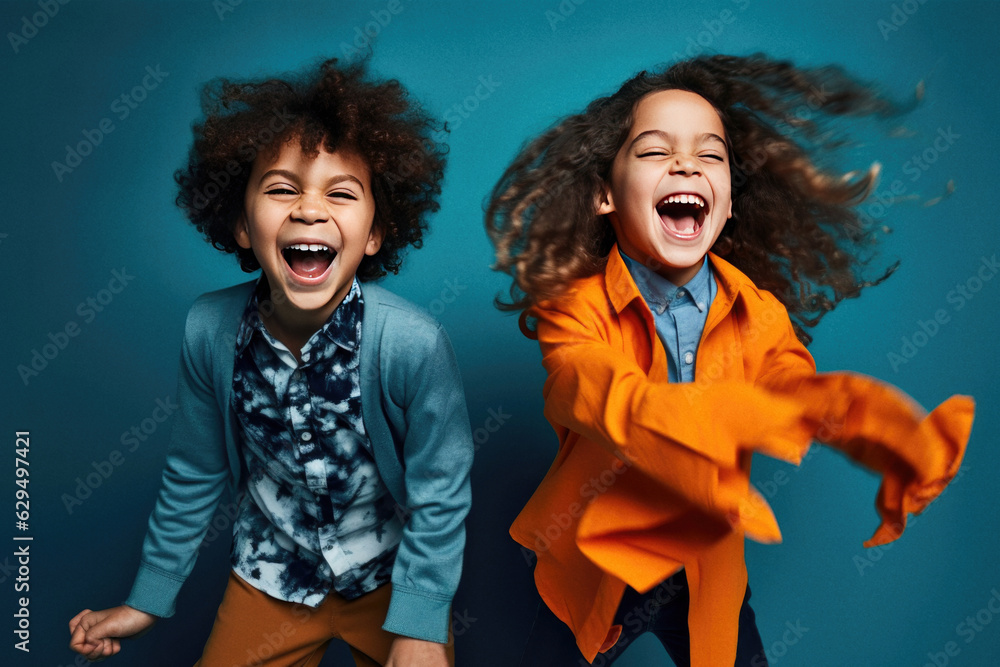 Two happy kids are smiling and laughing on blue background, ai ...