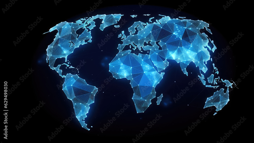 3d World map network connection glowing polygonal triangle neon lines ...