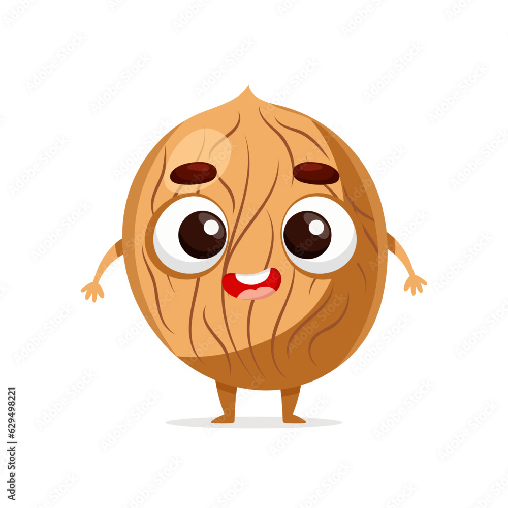 Funny cartoon walnut. Kawaii nut character. Vector food illustration ...