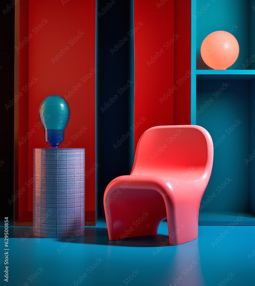 This vibrant interior design features a bold contrast of colorful ...