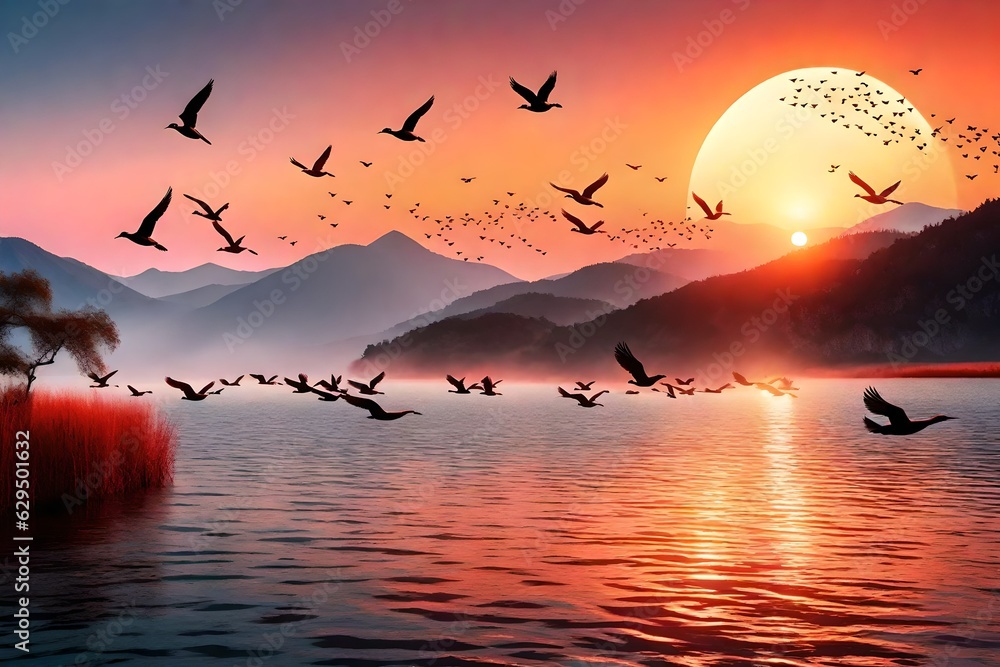 Beautiful nature landscape birds flock flying in a row over lake water ...