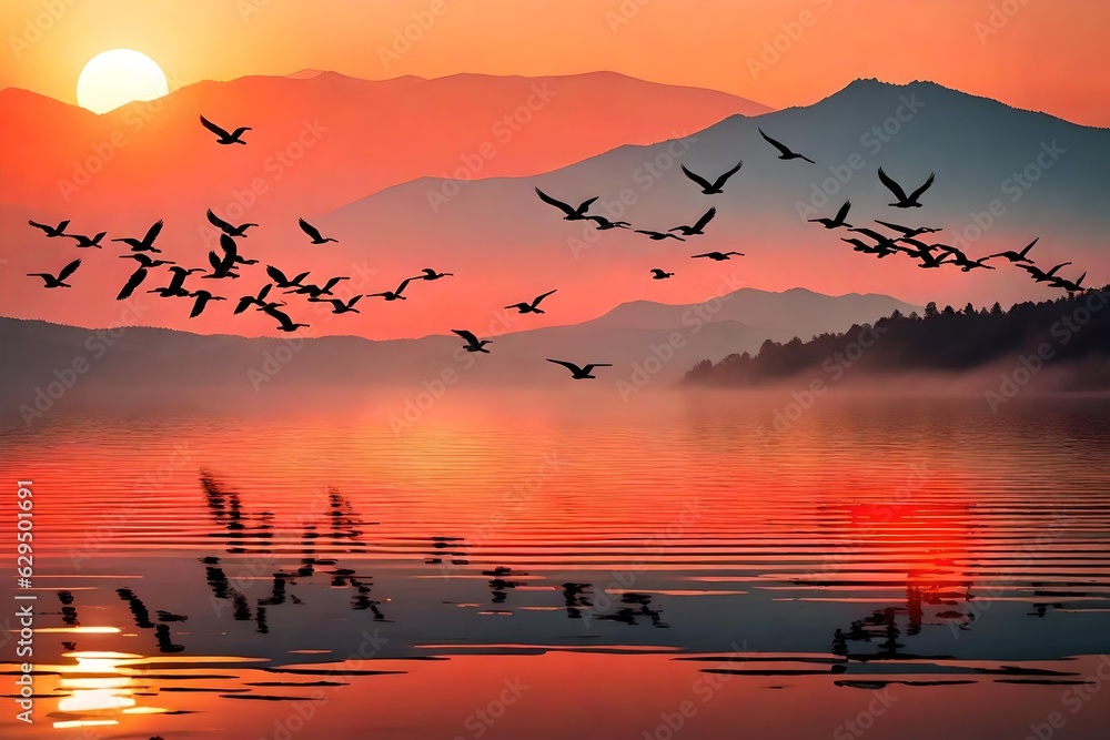 Beautiful nature landscape birds flock flying in a row over lake water ...