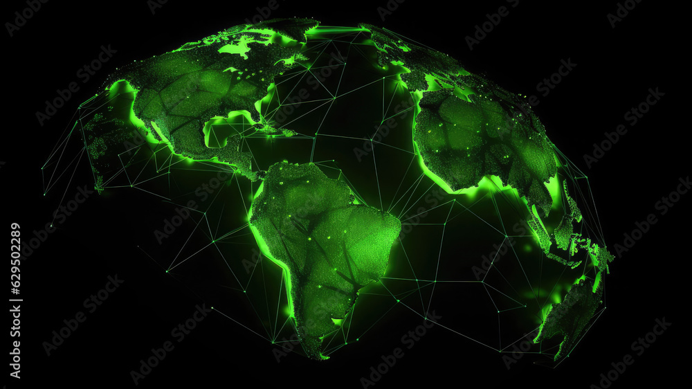 3d World map network connection glowing polygonal triangle neon lines ...
