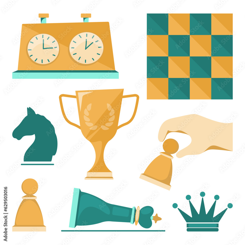 A set with chess-related objects in yellow and green colours, depicting ...