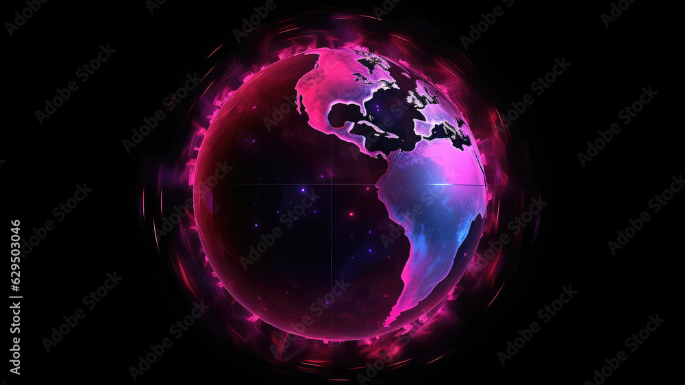 3d World map network connection glowing polygonal triangle neon lines ...