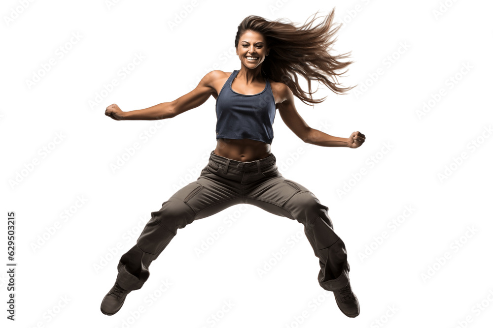 Full-body female dancer leaping with joy on a transparent background ...