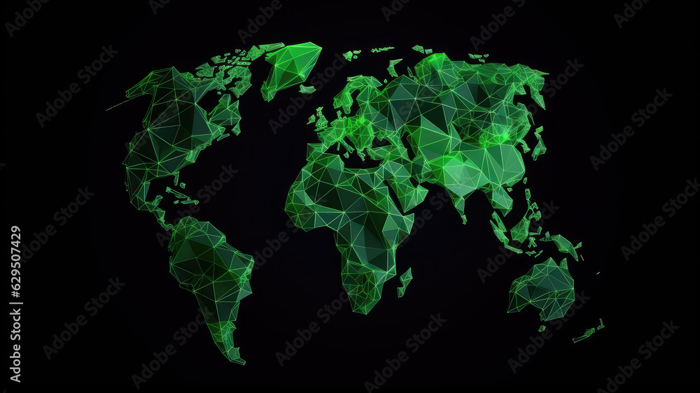 3d World map network connection glowing polygonal triangle neon lines ...
