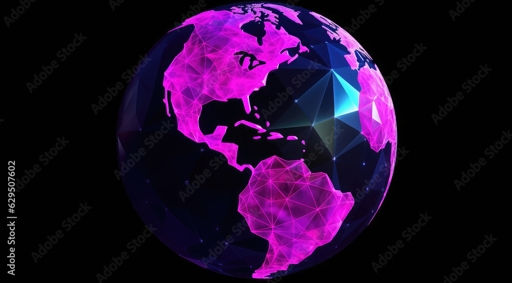 3d World map network connection glowing polygonal triangle neon lines ...