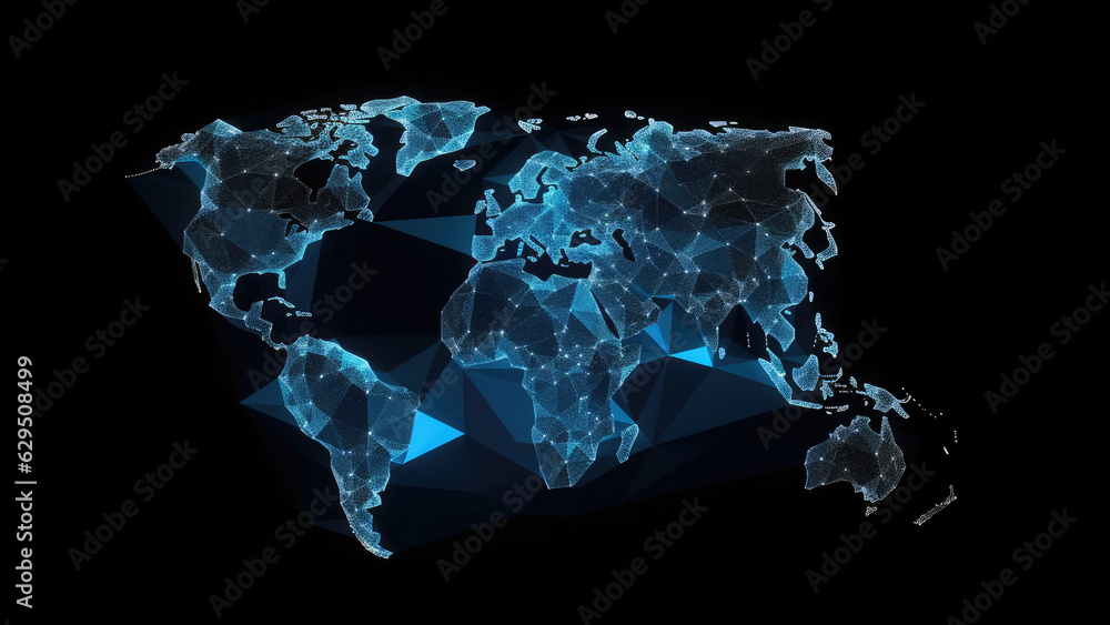 3d World map network connection glowing polygonal triangle neon lines ...