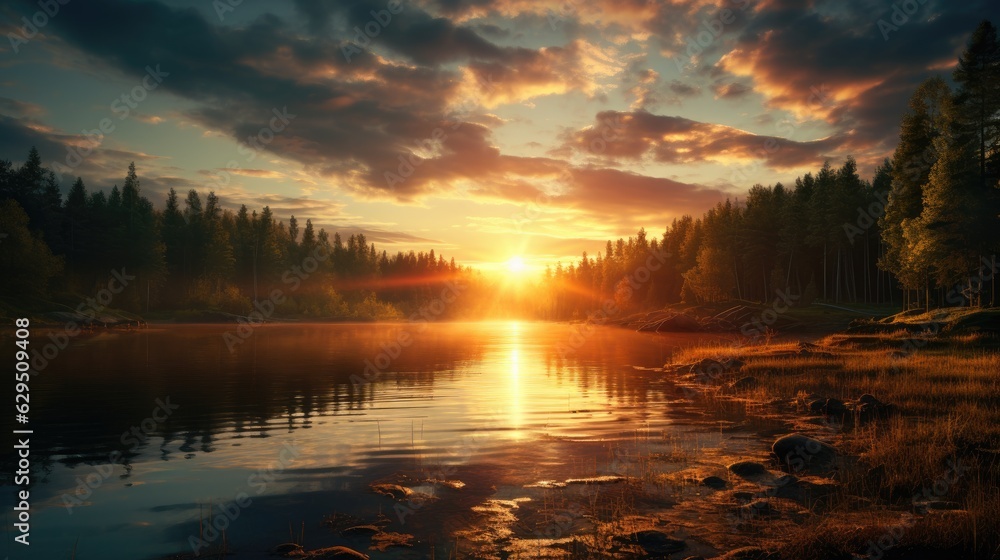 Ilustrace „Beautiful sunset over a lake with small waves. A forest of ...