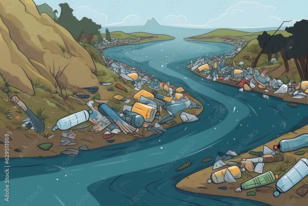 Cartoon illustration of plastic pollution in a river. Stock ...